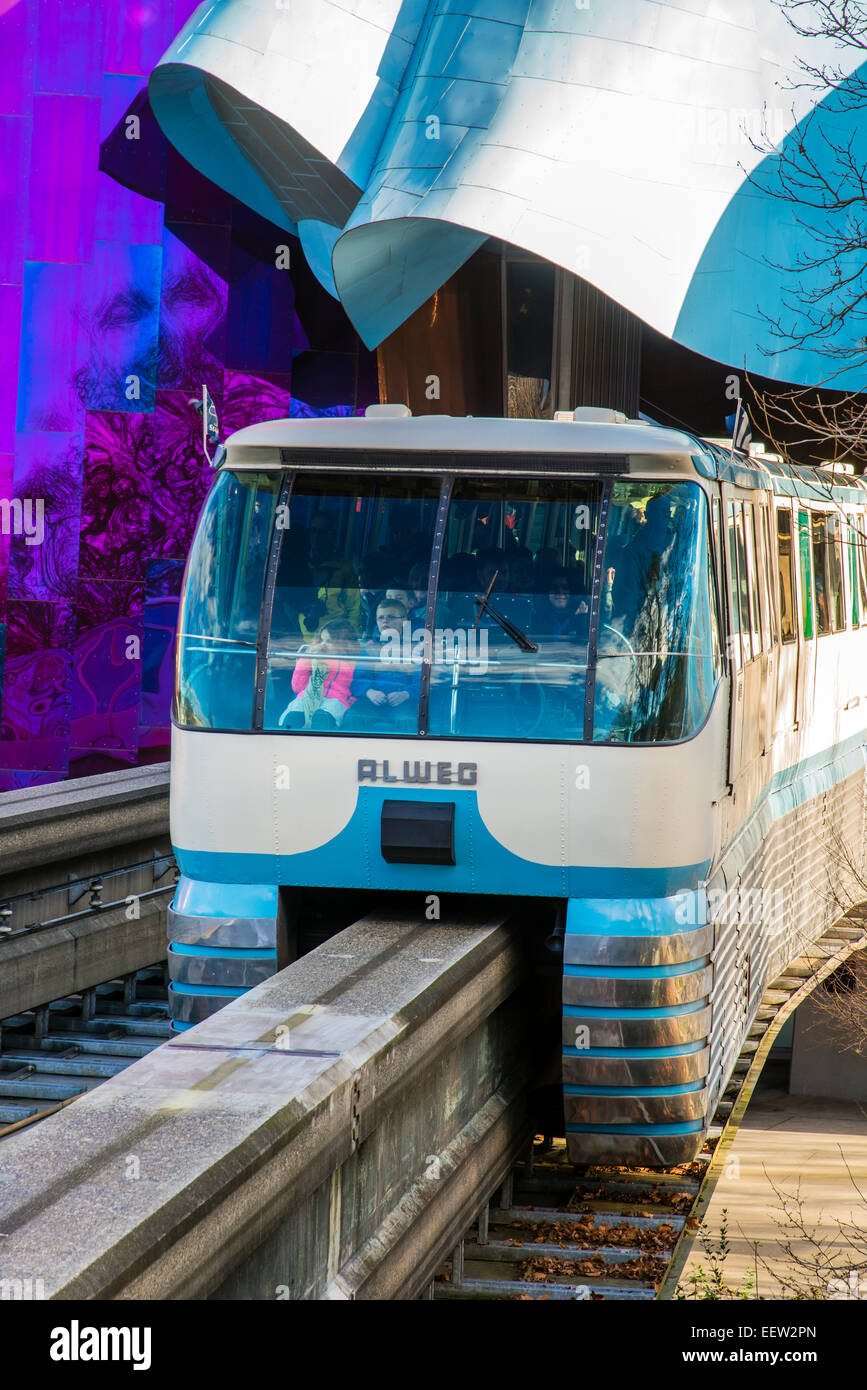 Seattle Center Monorail passing through the Experience Music Project ...