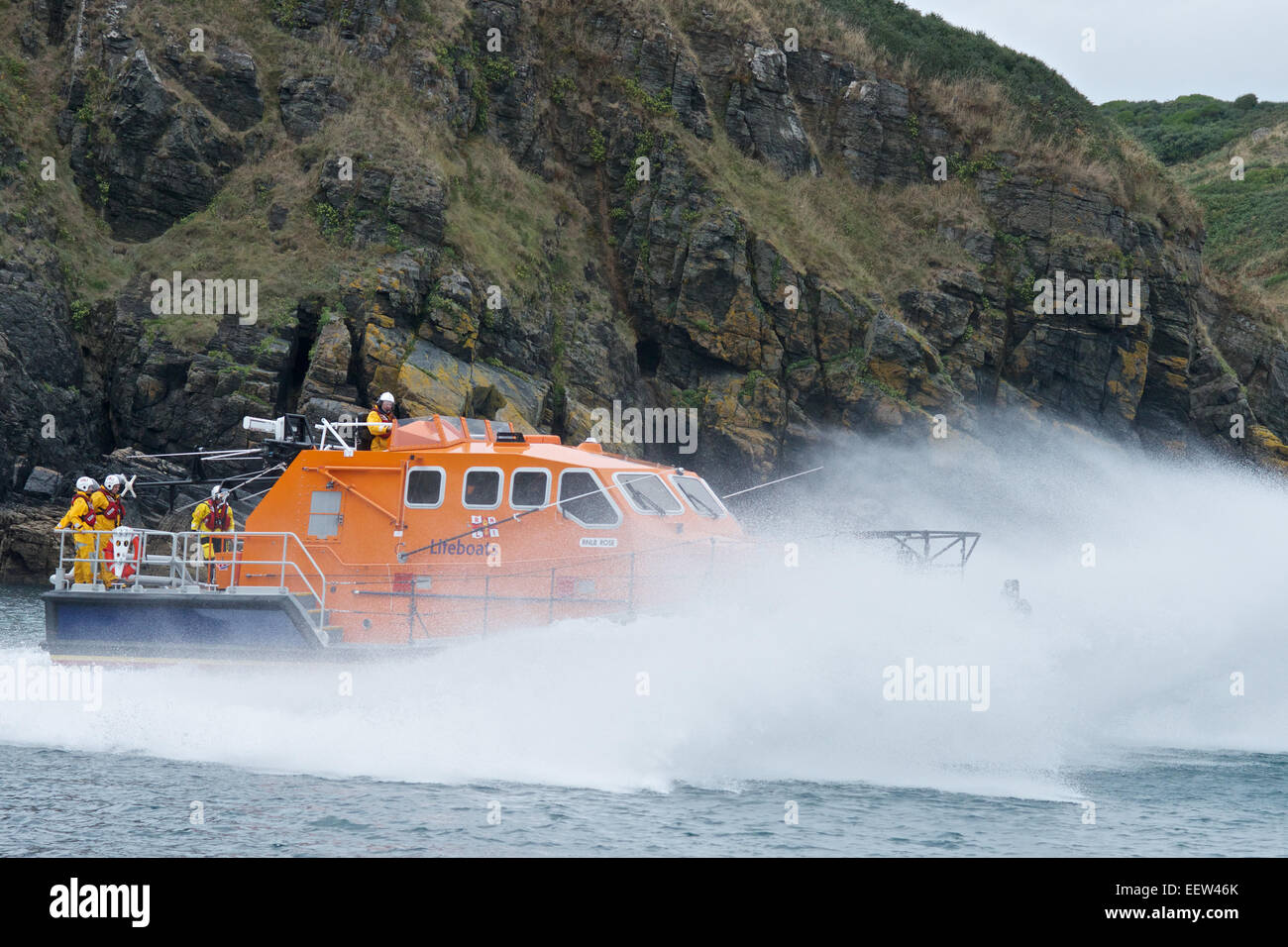 RNLI lifeboat launching from the LIzard lifeboat station during ...