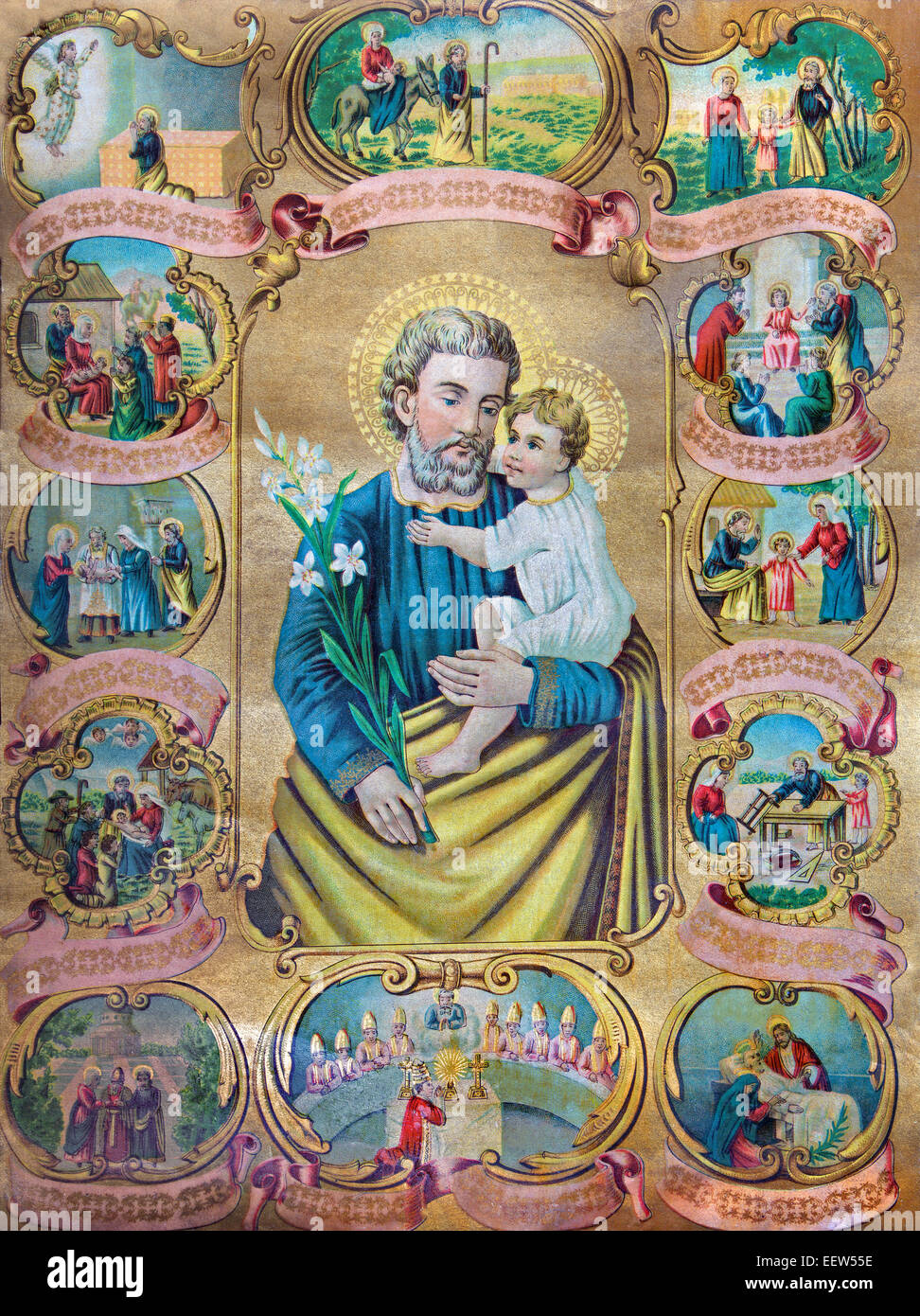 Typical catholic image of st. Joseph with the scenes from the life ...
