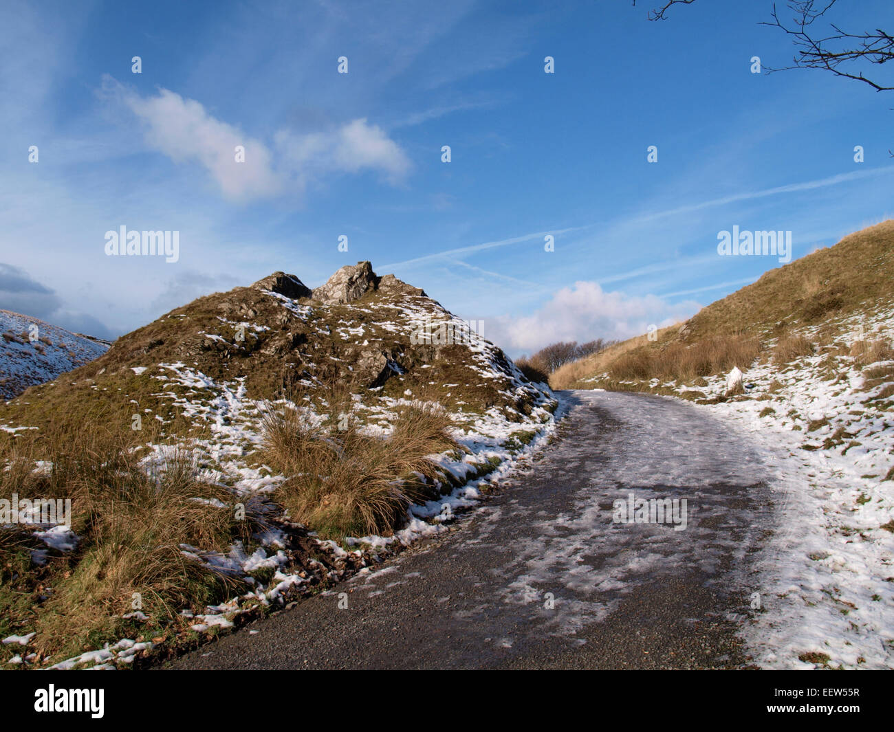 Small country road with snow and ice, Exmoor, Somerset, UK Stock Photo ...