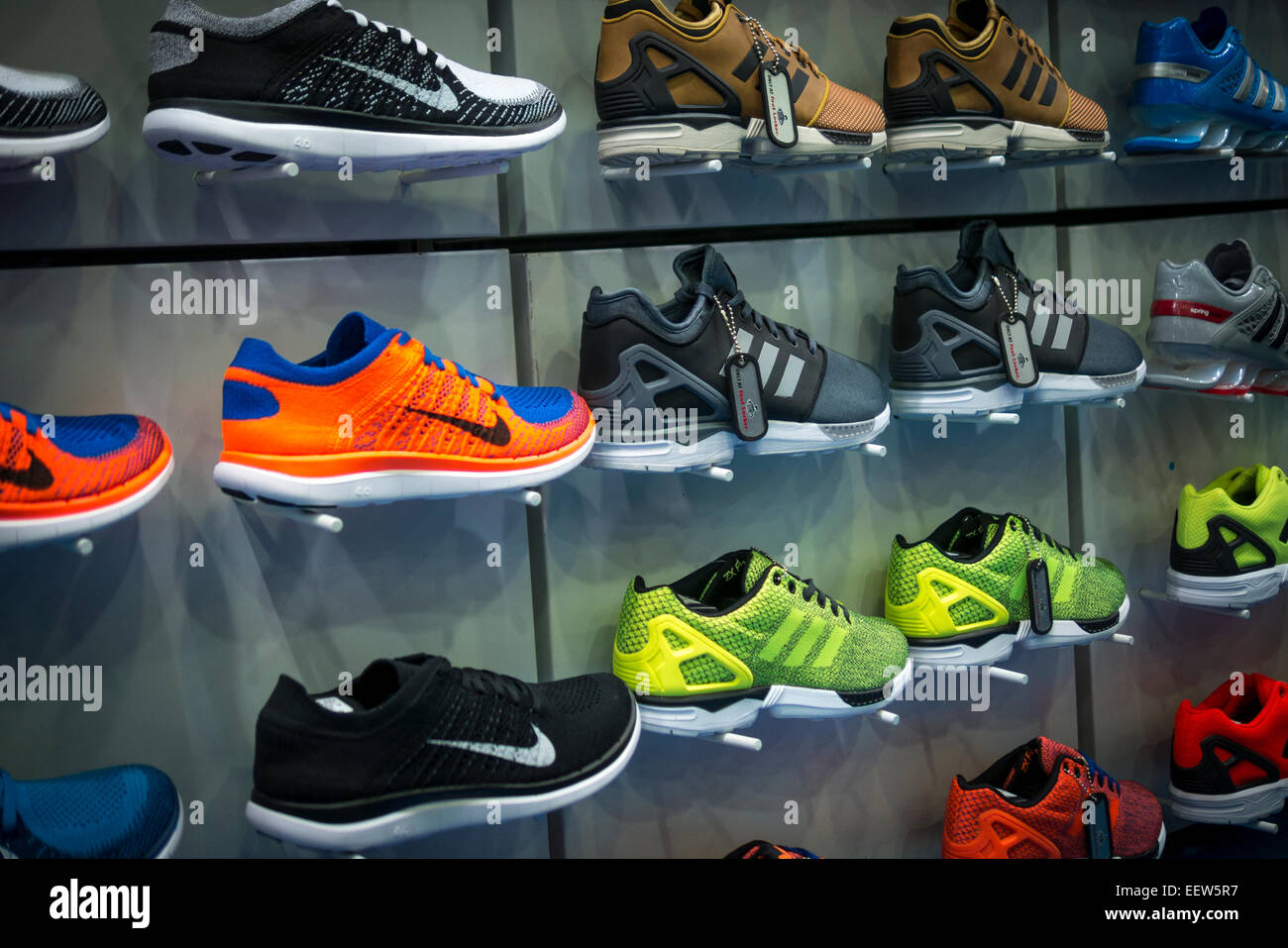 Trainers for sale in Foot Locker Shop Stock Photo - Alamy