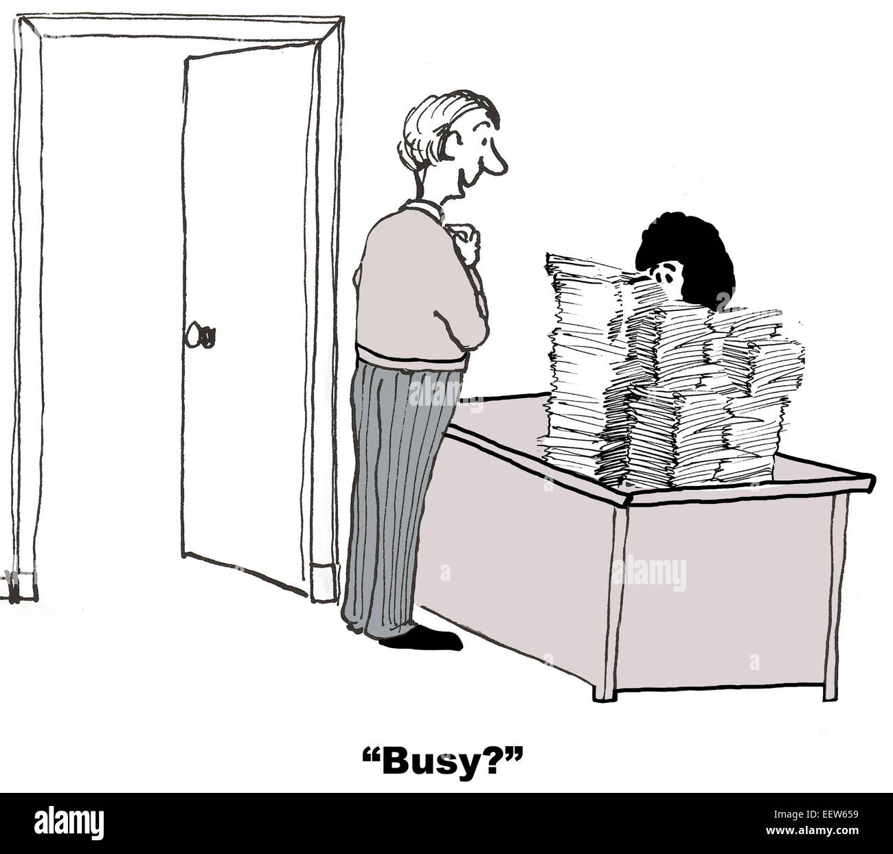 Cartoon of businesswoman at her desk with lots of paperwork and ...