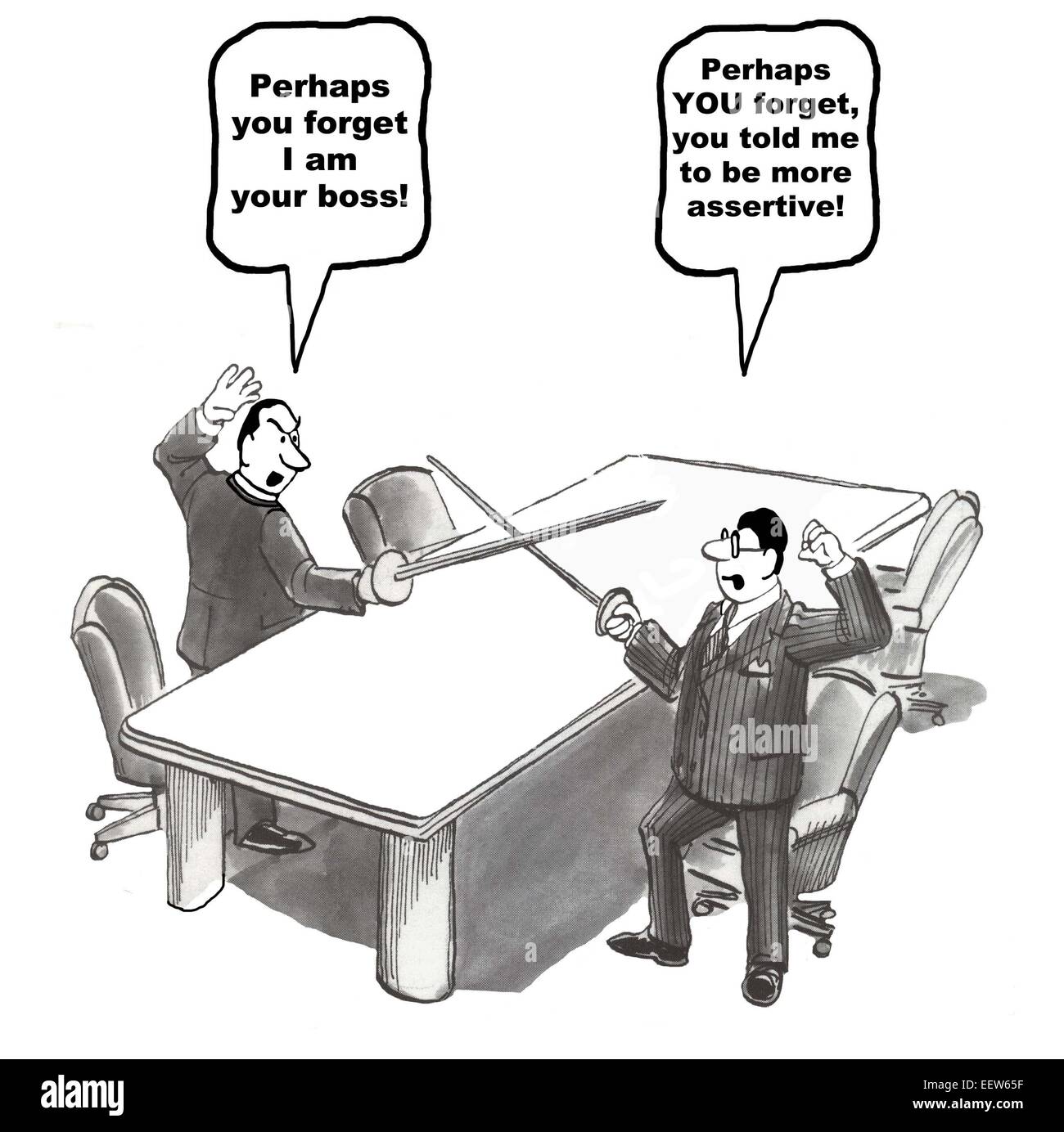 Cartoon of associate jousting with his boss and saying the boss forgot ...