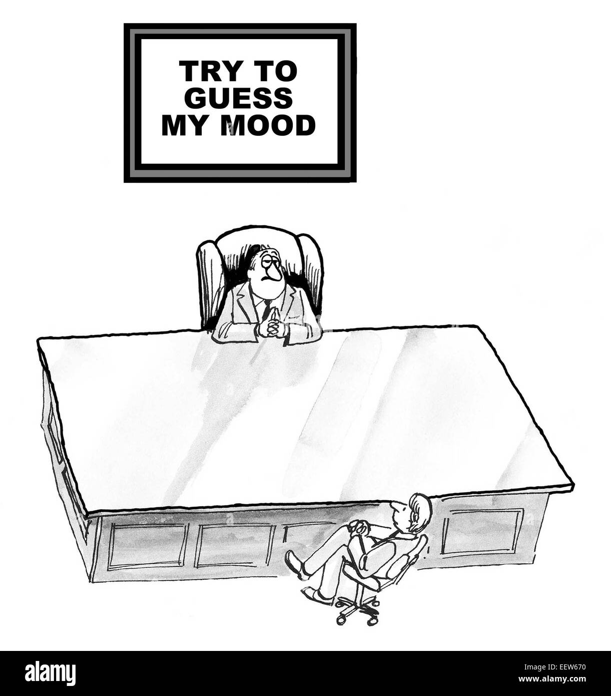 Cartoon of business leader at huge desk with sign over his head that ...