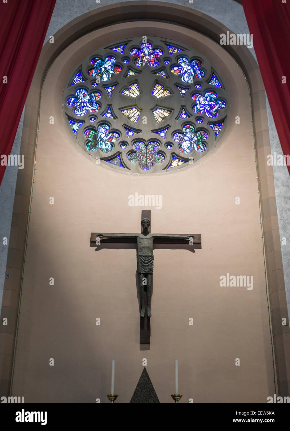 Rose Church Window with Modern Christ on the Cross. The stained glass ...