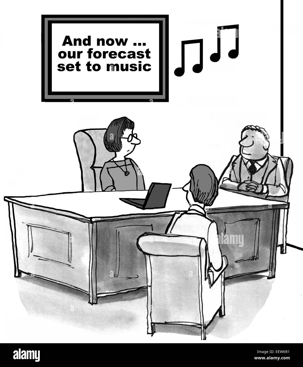 Cartoon of three business people listening to their forecast set to ...