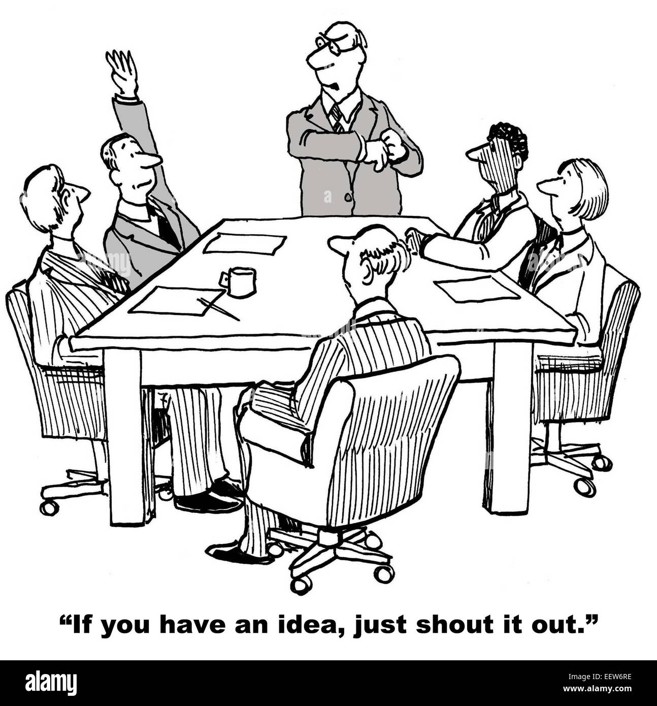 Cartoon of business people in an innovation session and man with arm ...