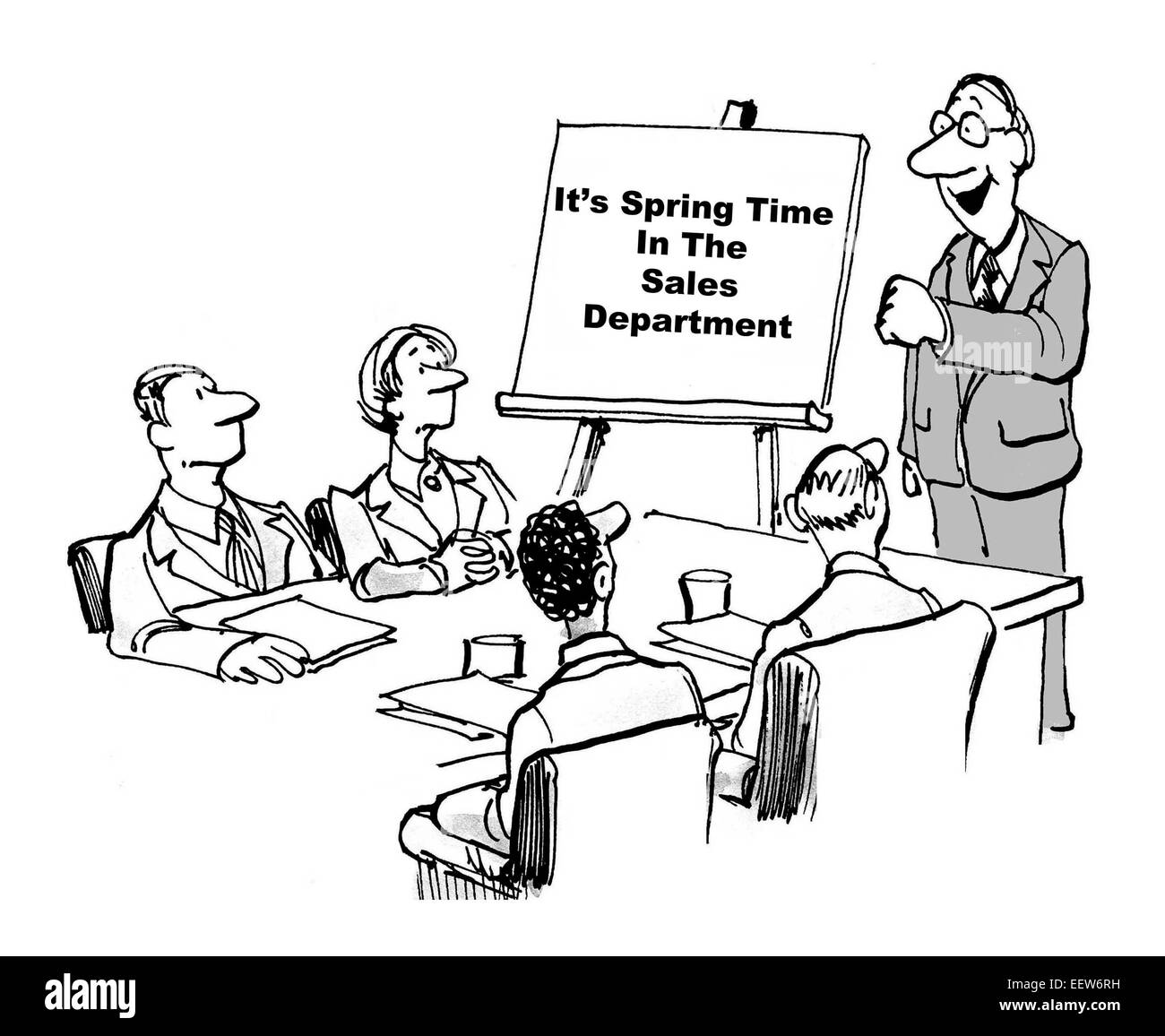 Cartoon of businesspeople looking at leader as he encourages them to be ...