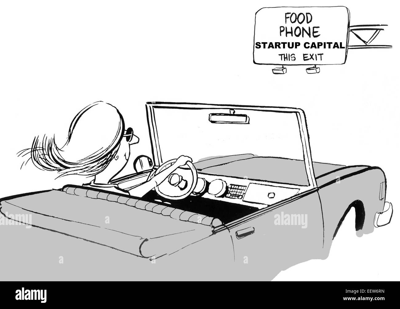 Cartoon of a businesswoman happy to see exit sign indicating startup ...