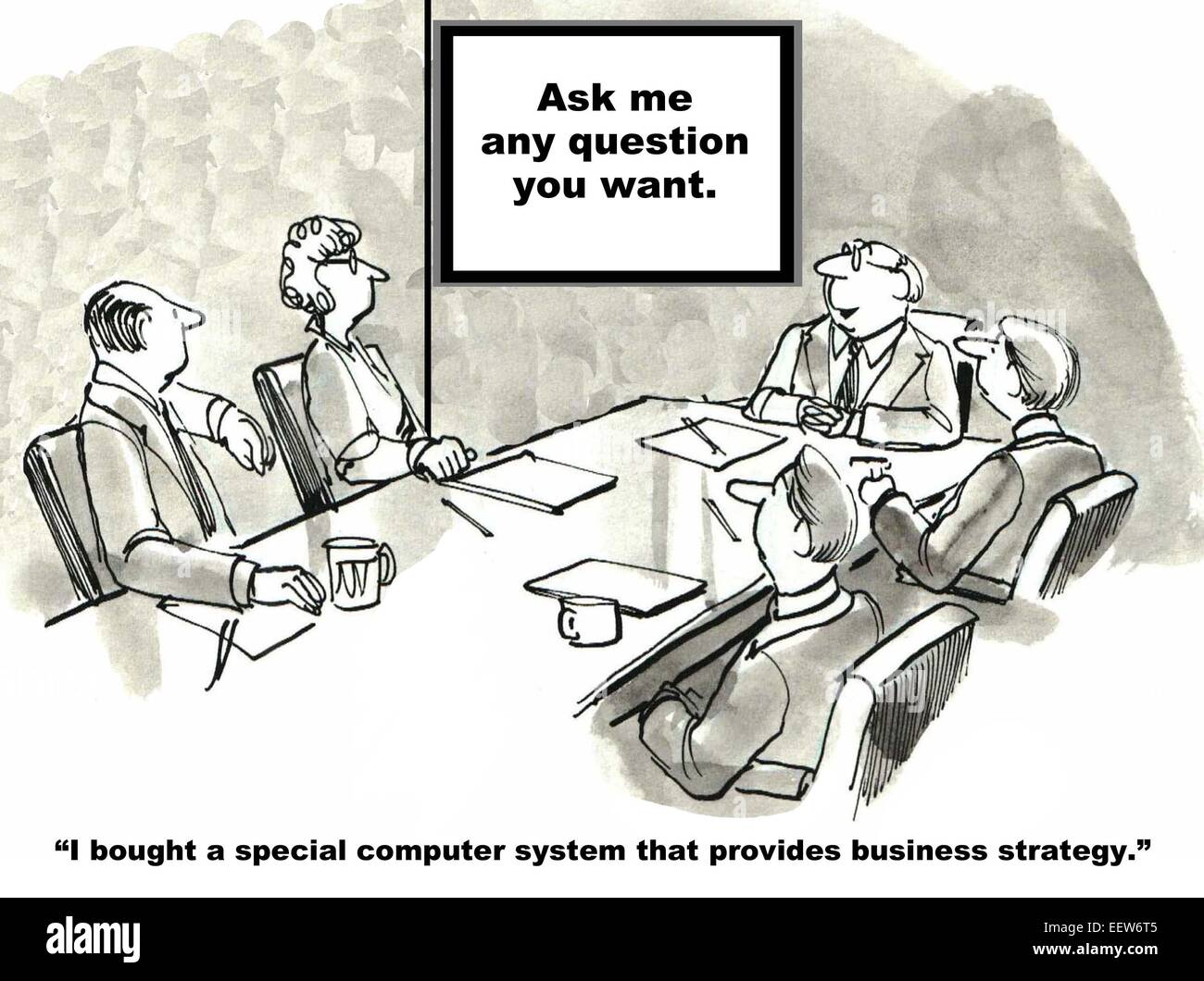 Cartoon of business people in a meeting and boss is saying he bought a ...