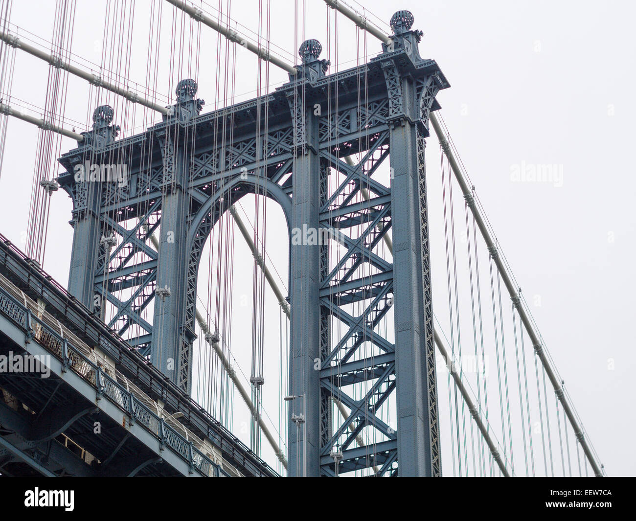 Details of the rigging for the blue Manhattan Bridge. The North Tower ...