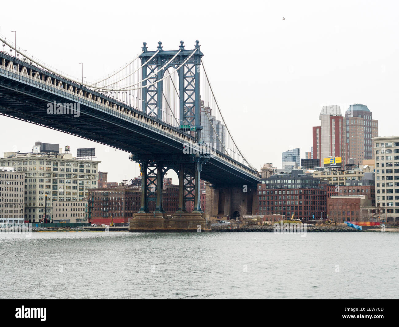 The Manhattan Bridge to Brooklyn. The South Tower of the blue steel ...