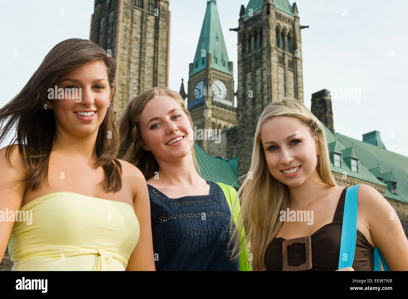 Three girl friends standing on Parliament Hill Ottawa Ontario Canada ...
