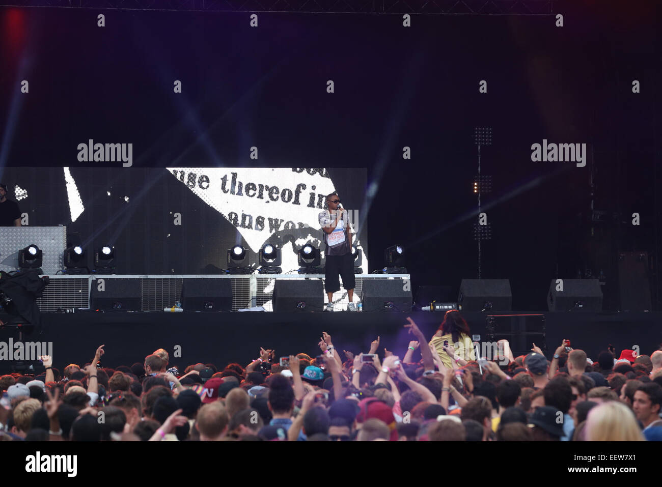 Rapper NAS performs at the Lovebox Festival in Victoria Park, London ...