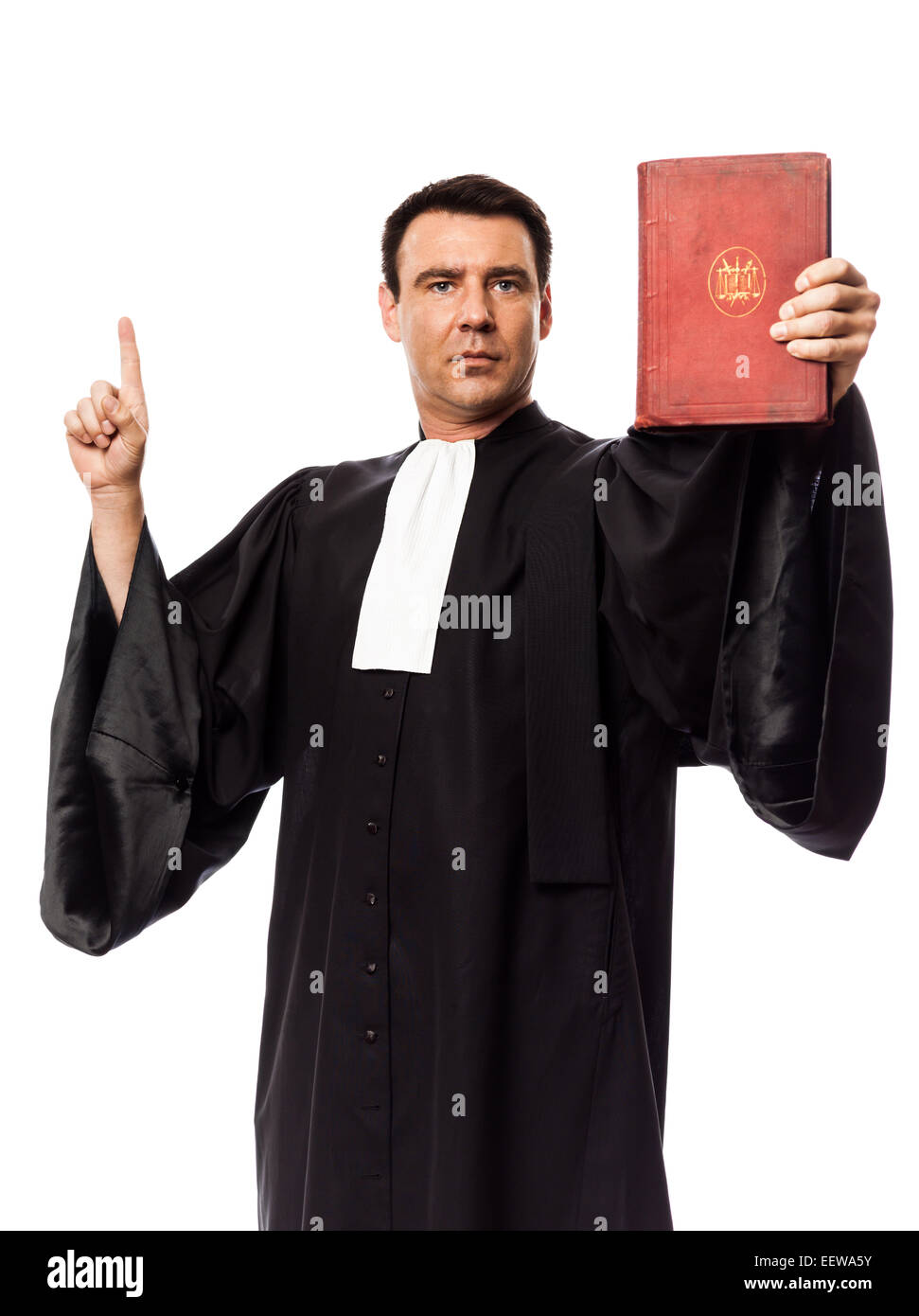one caucasian lawyer man showing law book in studio isolated on white ...