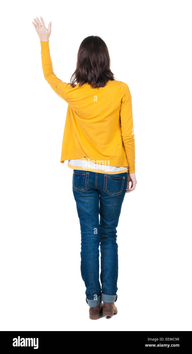 Back view of beautiful woman welcomes. Young girl hand waving from ...