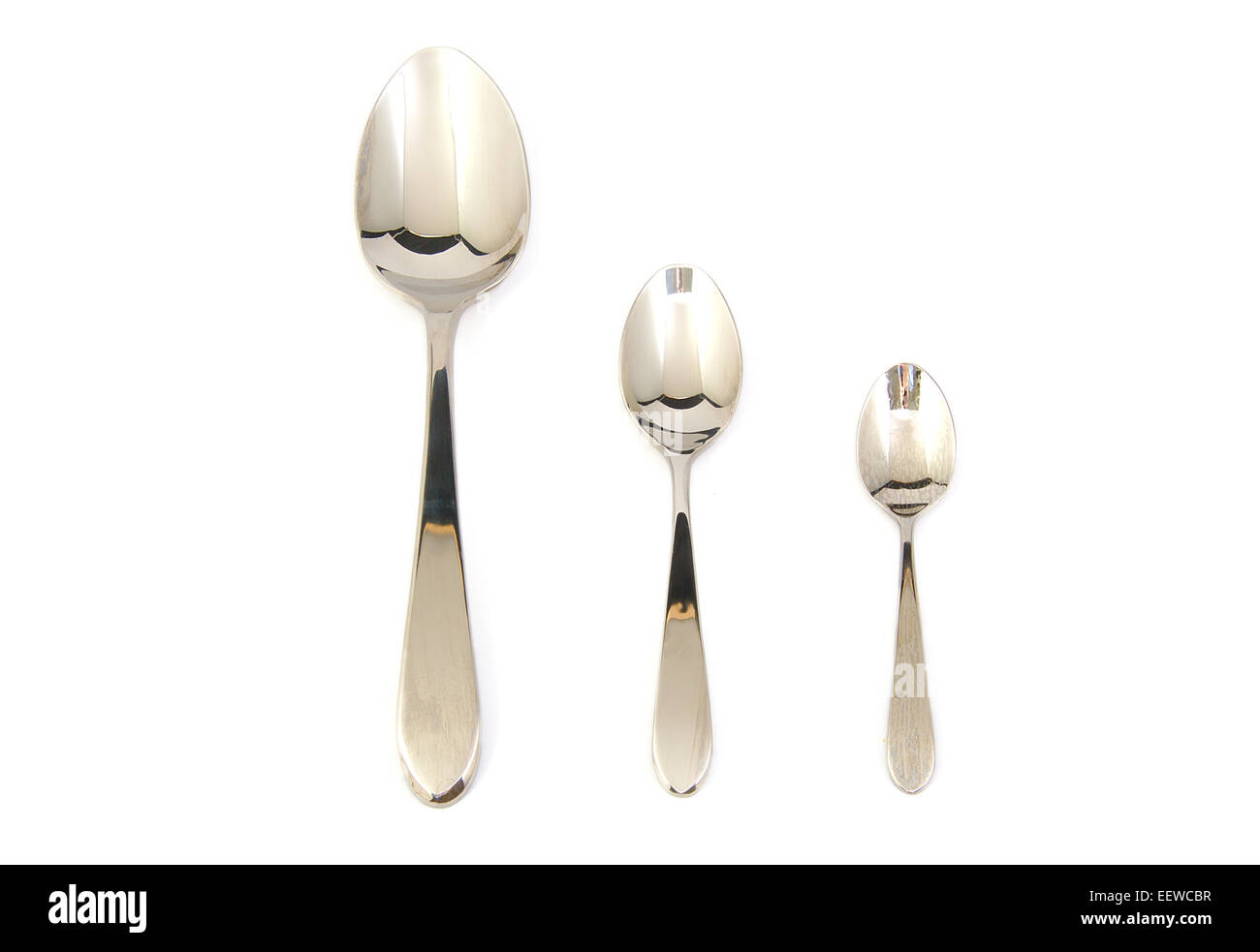 There sizes of metal spoons on white background Stock Photo - Alamy