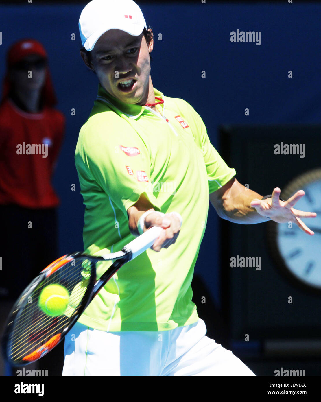 Melbourne, Australia. 22nd Jan, 2015. Kei Nishikori of Japan returns ...