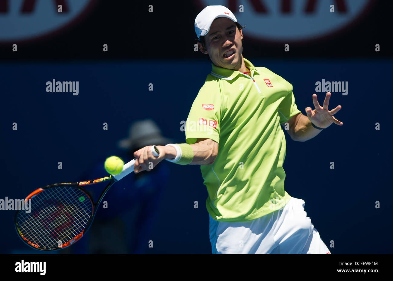 Melbourne, Australia. 22nd Jan, 2015. Kei Nishikori of Japan returns ...