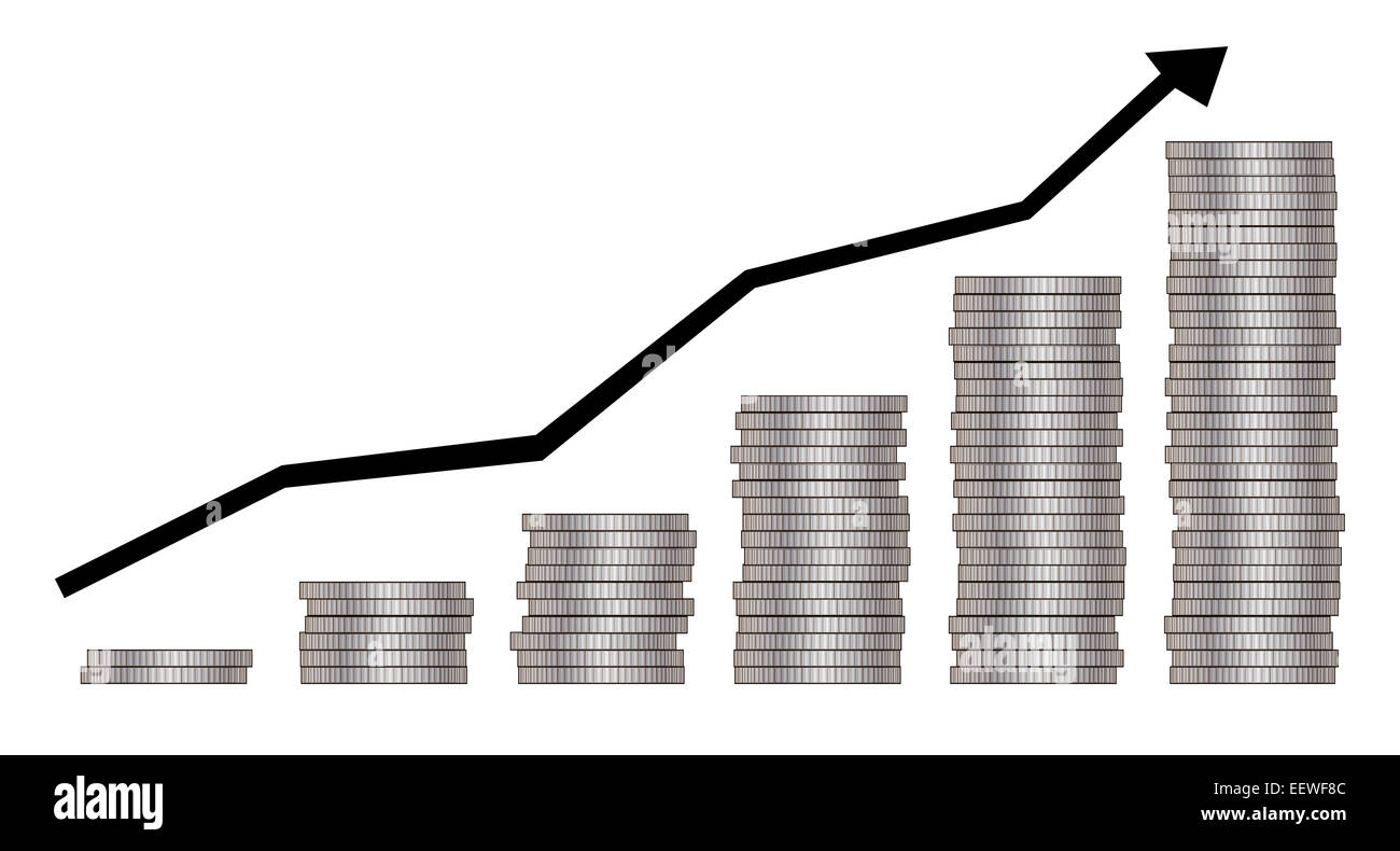 A stack of coins and an arrow pointing up over a white background Stock ...