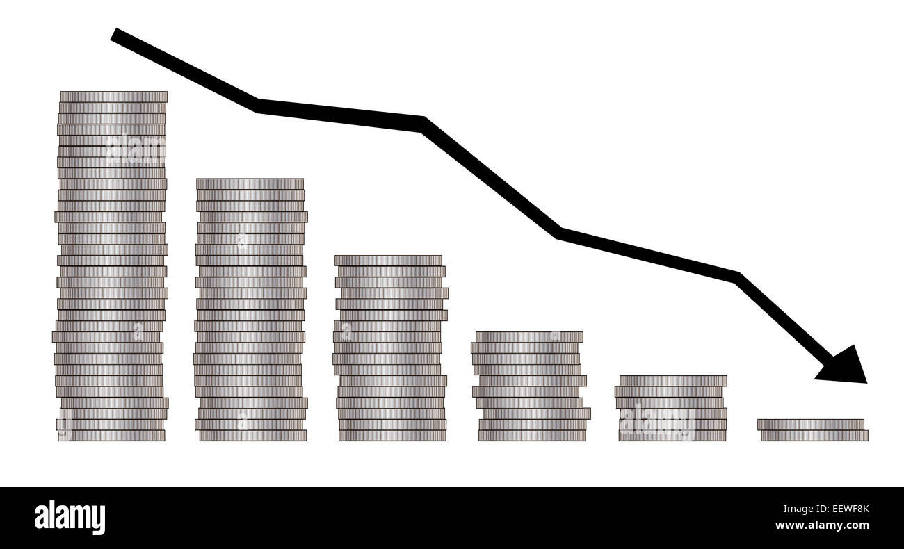 A stack of coins and an arrow pointing down over a white background ...