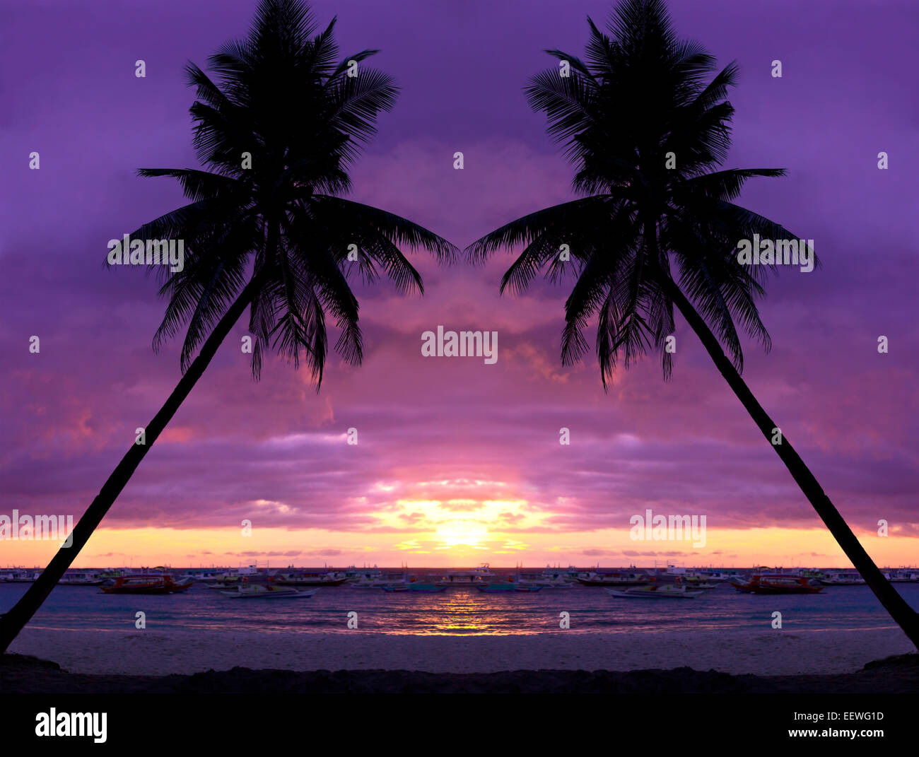 Colorful sunset on tropical beach with coconut palm trees Stock Photo ...