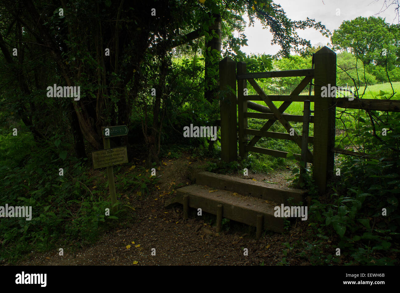 'Public Footpath' sign, gate mechanism Stock Photo - Alamy