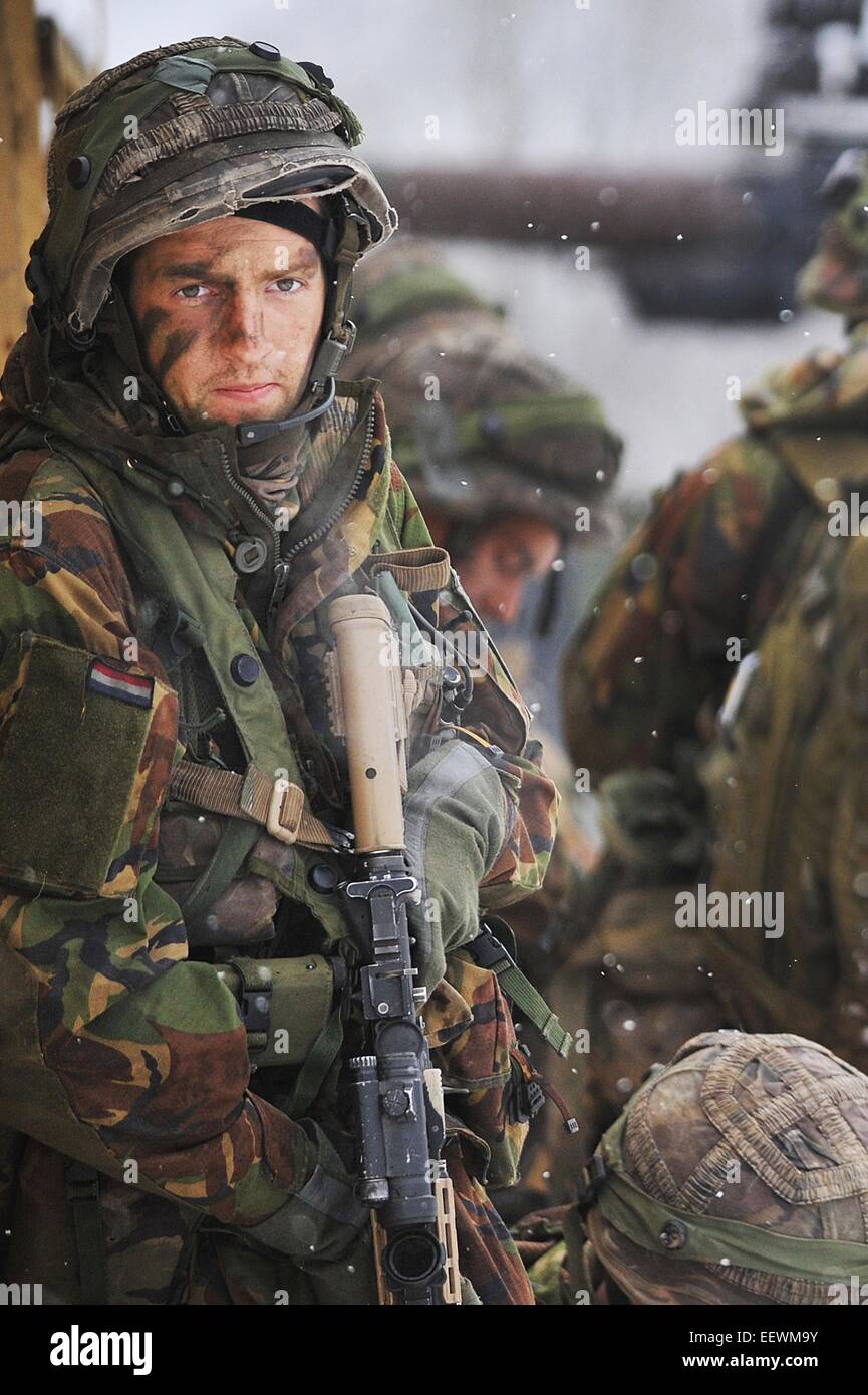 Dutch soldiers take cover during NATO exercise Allied Spirit at the U.S ...