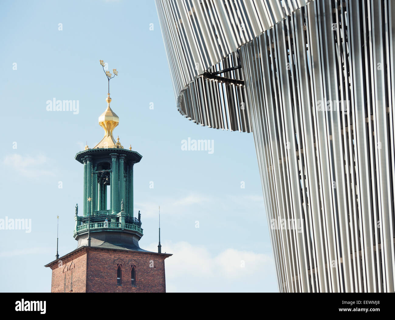 Old and modern architecture in Stockholm, Sweden. Stockholm City Hall ...