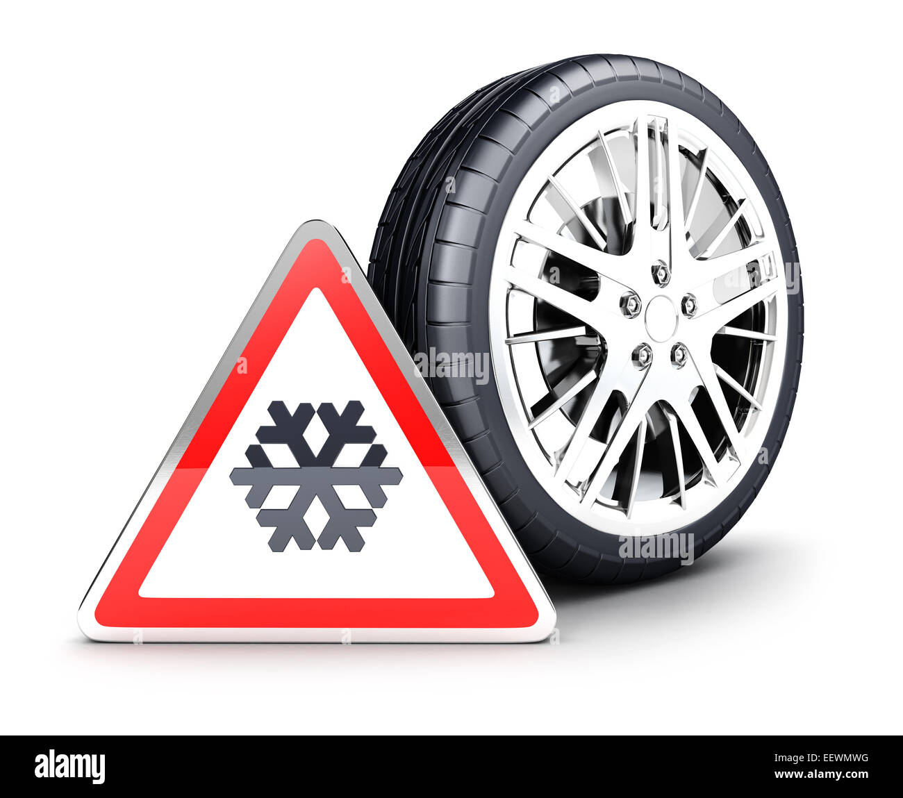 3d snow wheel and snowflake warning sign, isolated white background, 3d ...