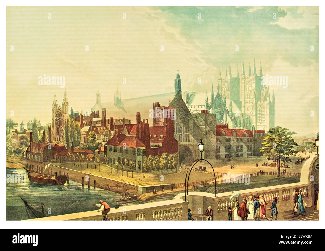 Westminster Hall & Abbey 1819 Palace River Thames Georgian Cathedral ...