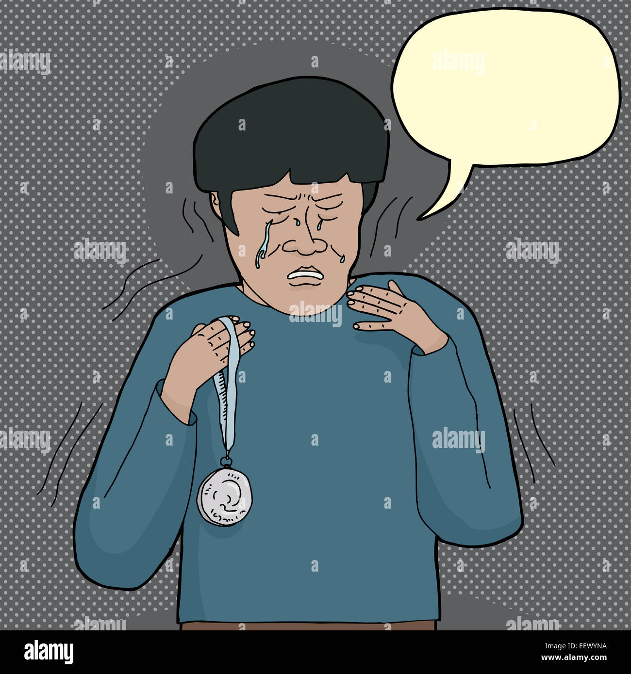 Upset man crying about silver medal with word bubble Stock Photo - Alamy