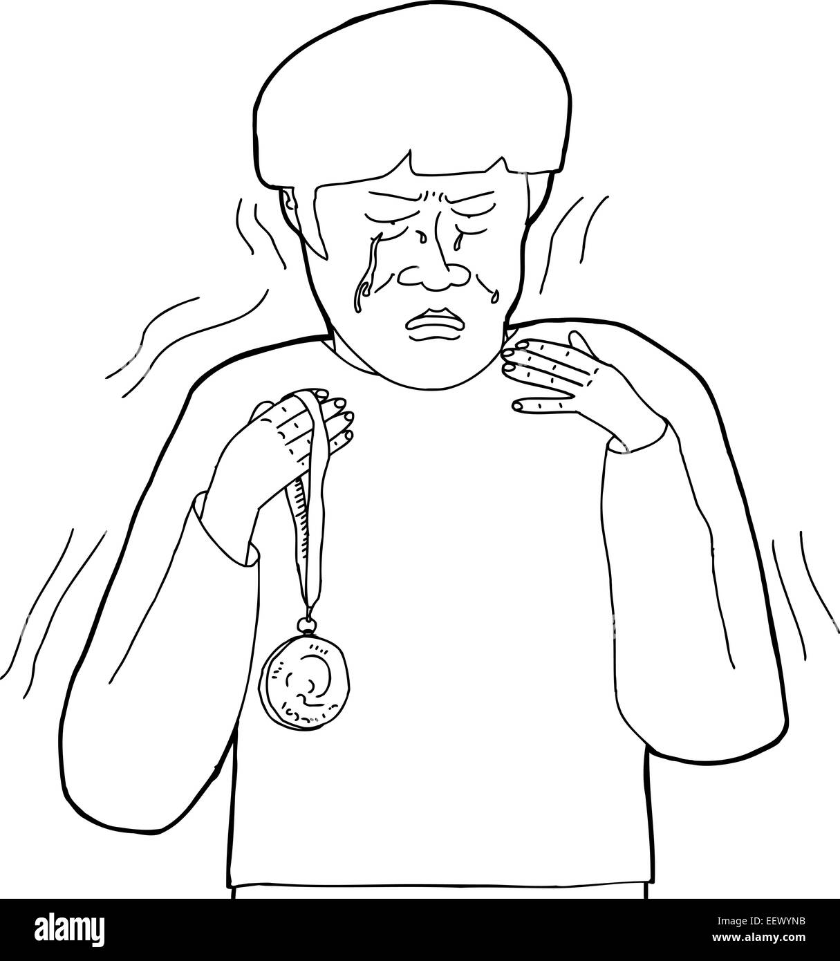 Outline cartoon of distraught man holding medal Stock Photo - Alamy