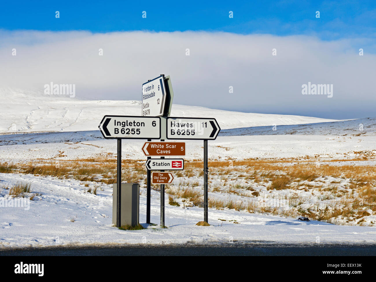 Road signs, with Whernside in the distance, Ribblesdale, Yorkshire ...