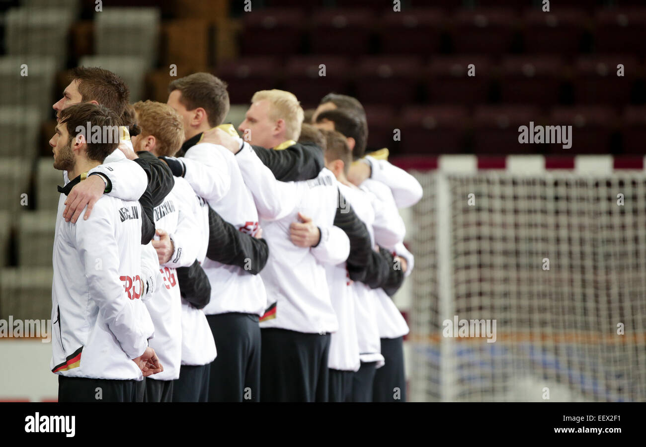 Players of Germany listen to the national anthem prior to the the men's ...