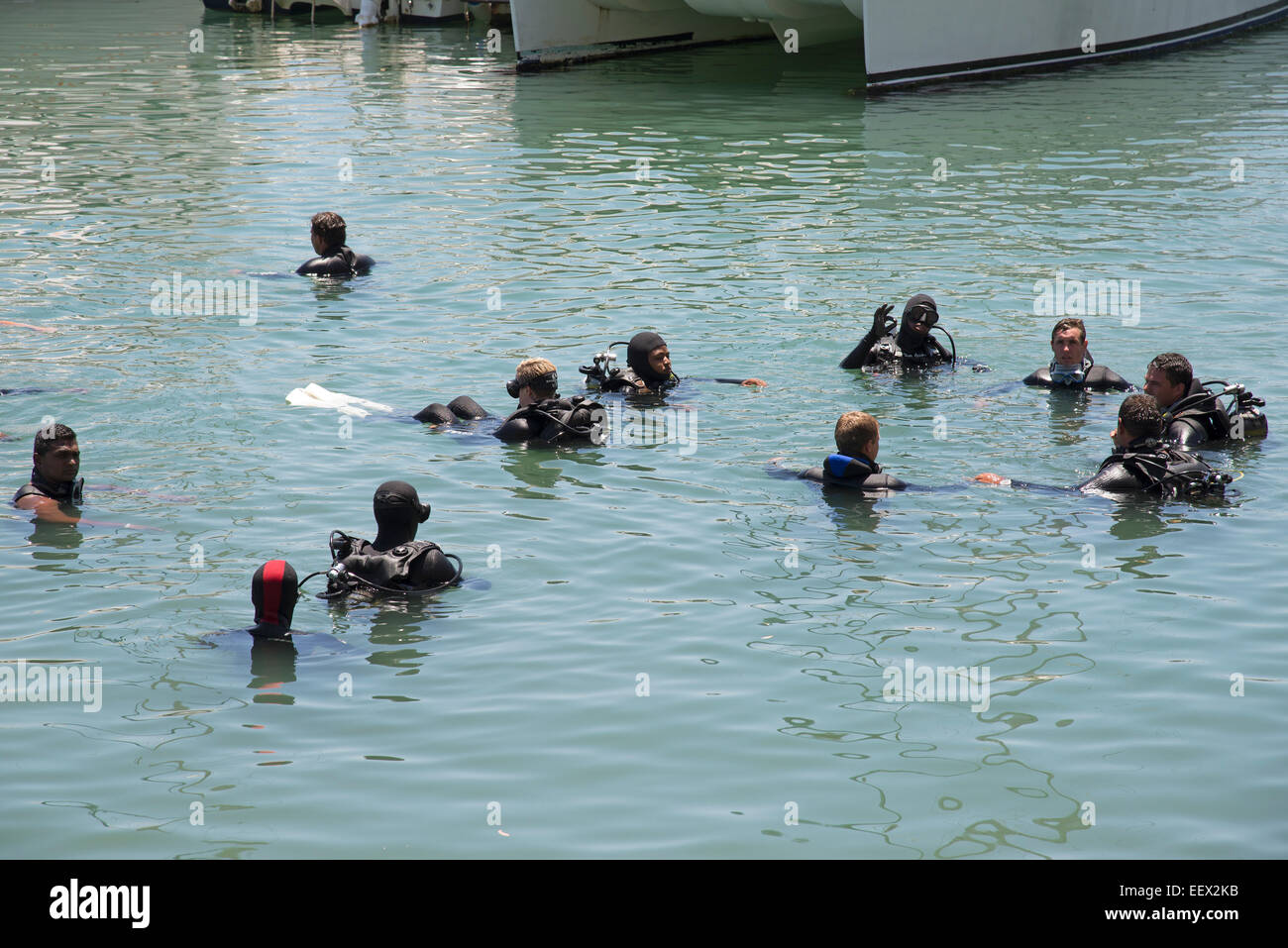 Commercial deep sea diver training in the harbour at Gordons Bay ...