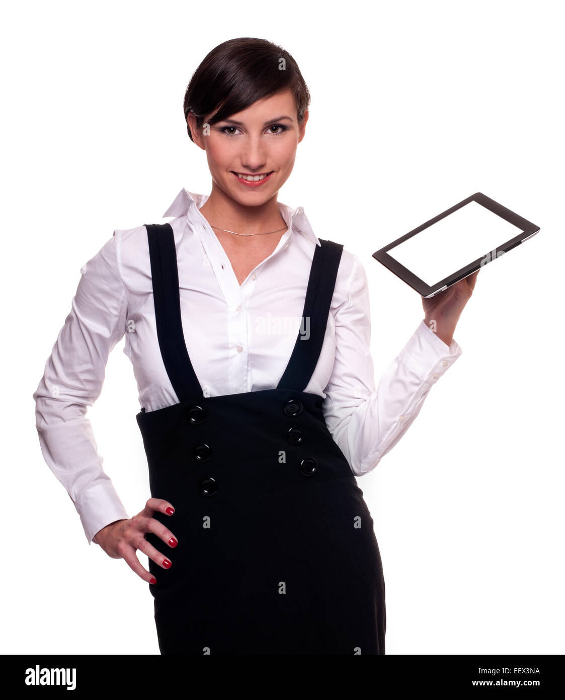 Woman with touchscreen tablet computer isolated on white Stock Photo ...