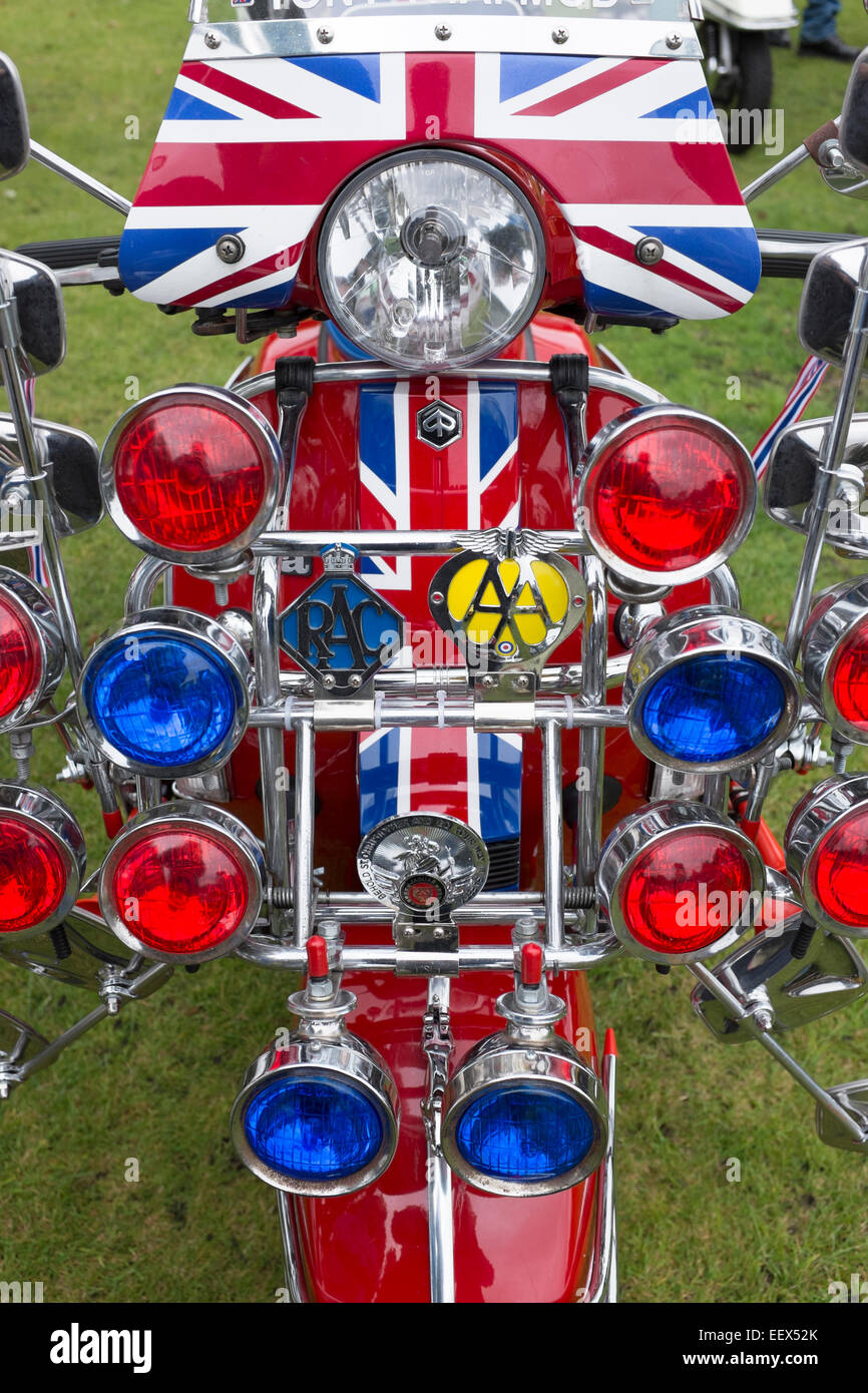 Scooters Scooter Mods Mirrors lots Union Jack Red Stock Photo - Alamy