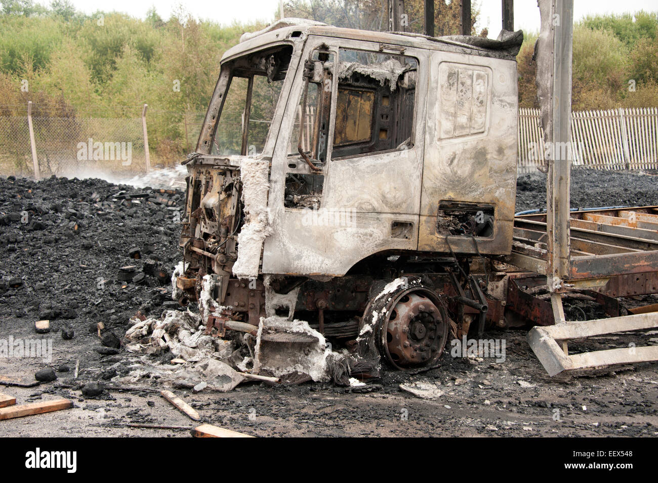 HGV Lorry burnt out fire shell wreckage burned shell Stock Photo - Alamy