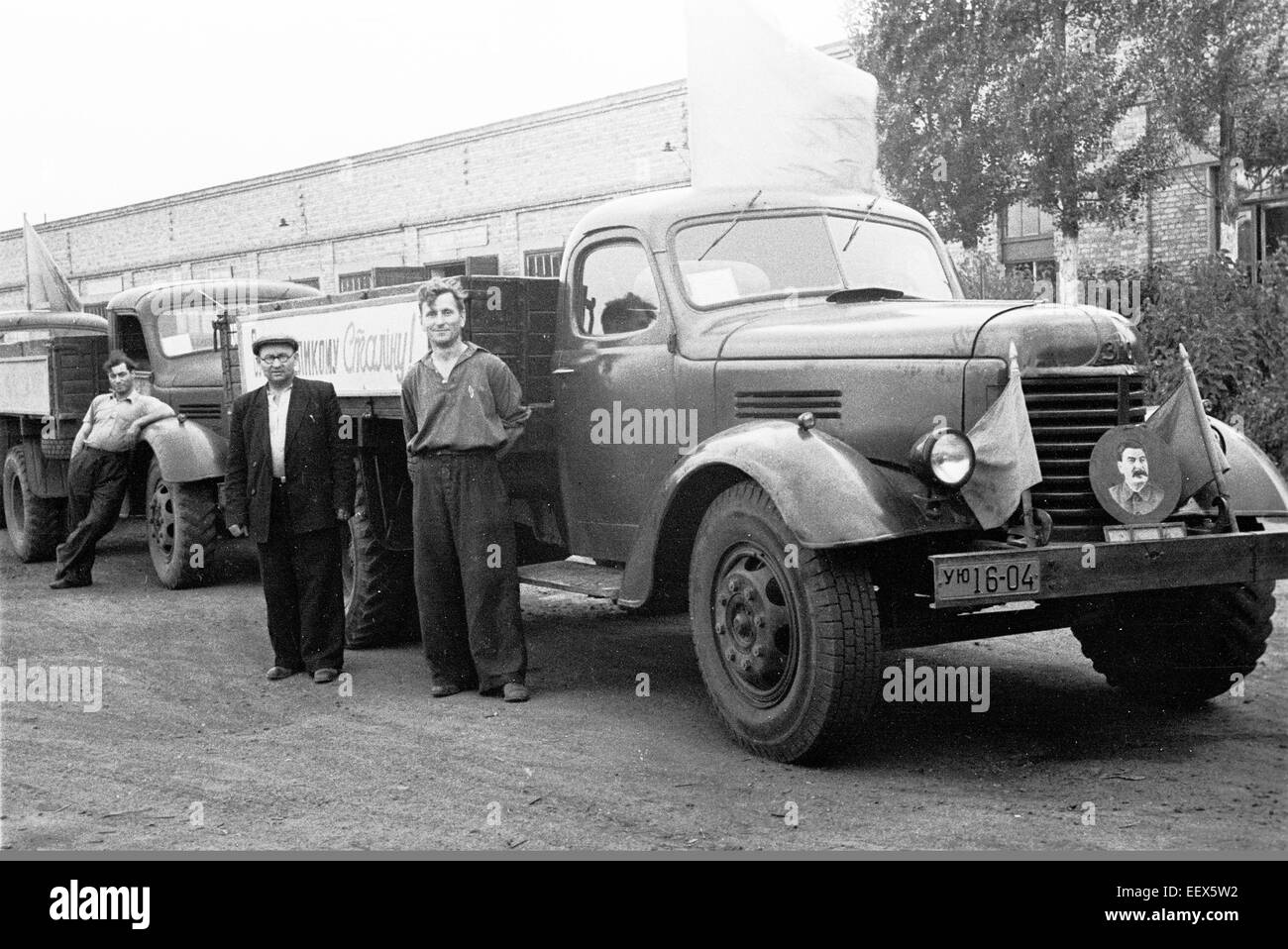 Soviet ZIS-150 trucks with a portrait of Stalin, before leaving for ...