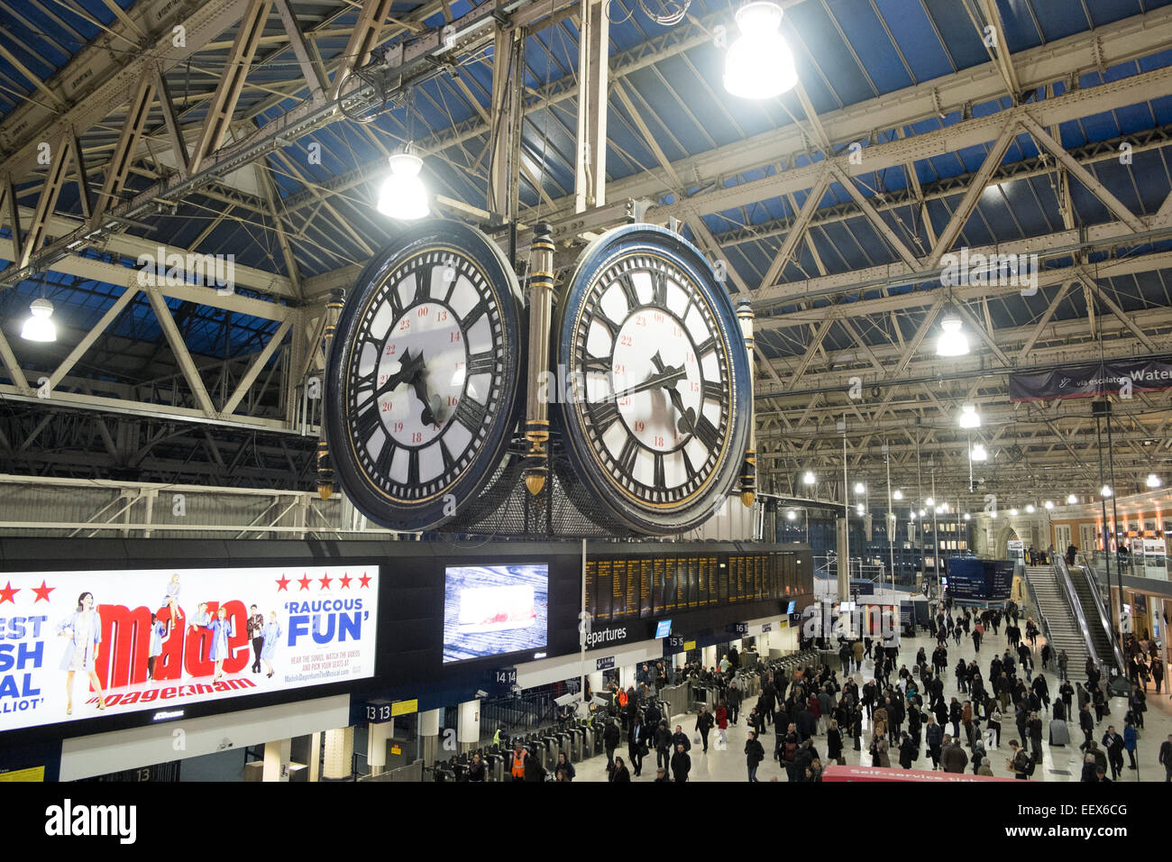 London Waterloo railway station and famous Waterloo clock hanging above ...