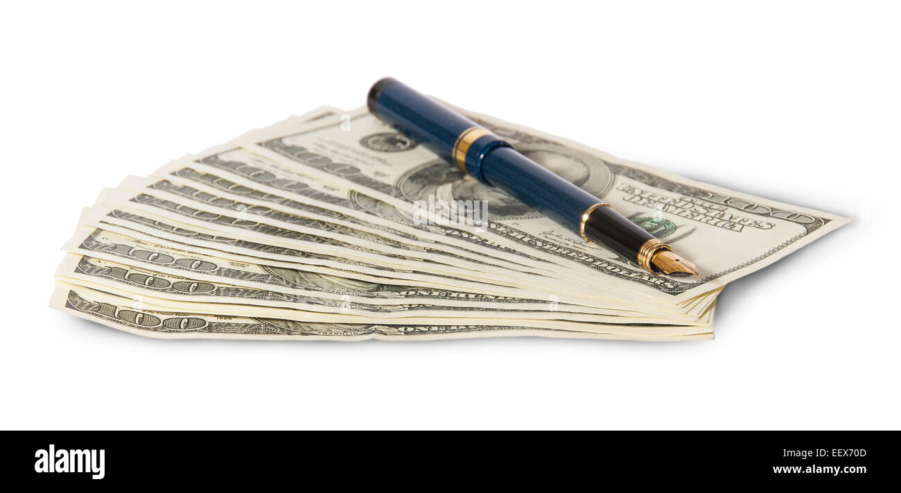 Hundred dollar bills and pen isolated on white background Stock Photo ...