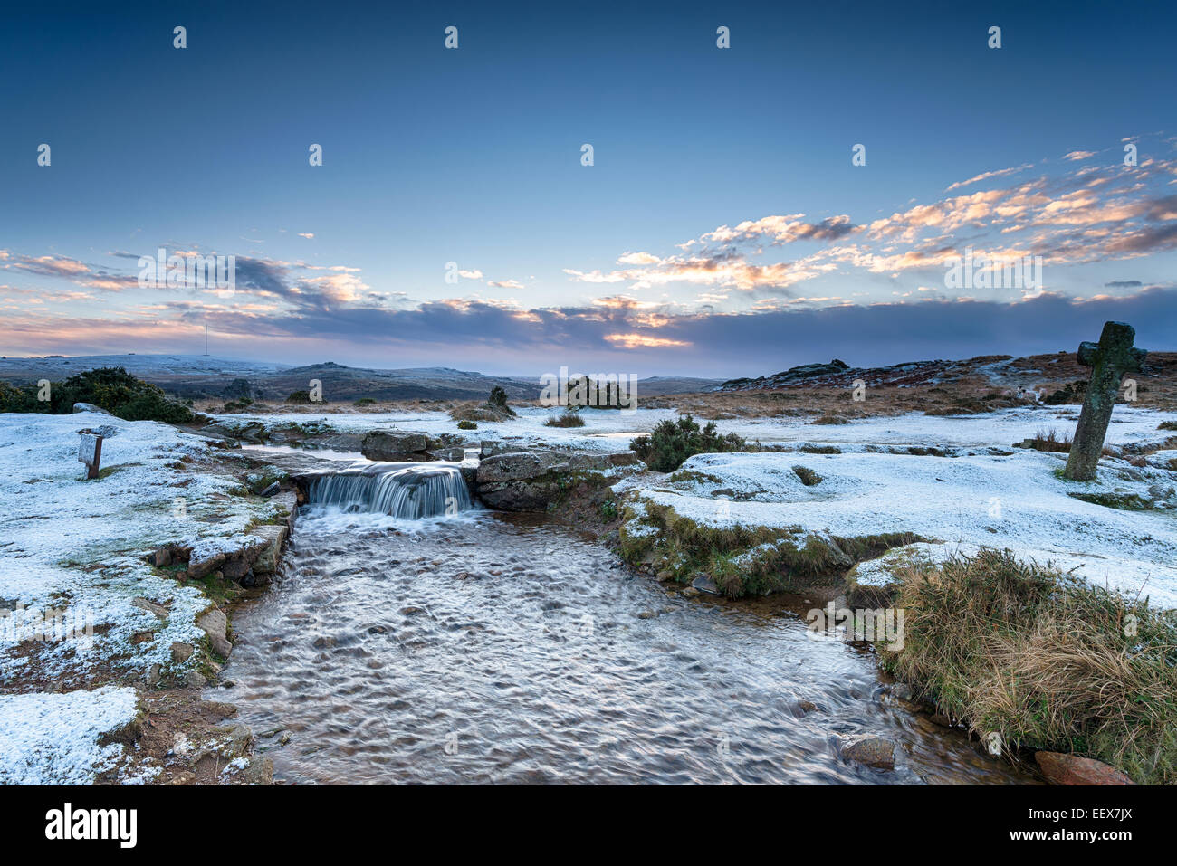Windy Post on snowy Dartmoor National Park in Devon Stock Photo - Alamy