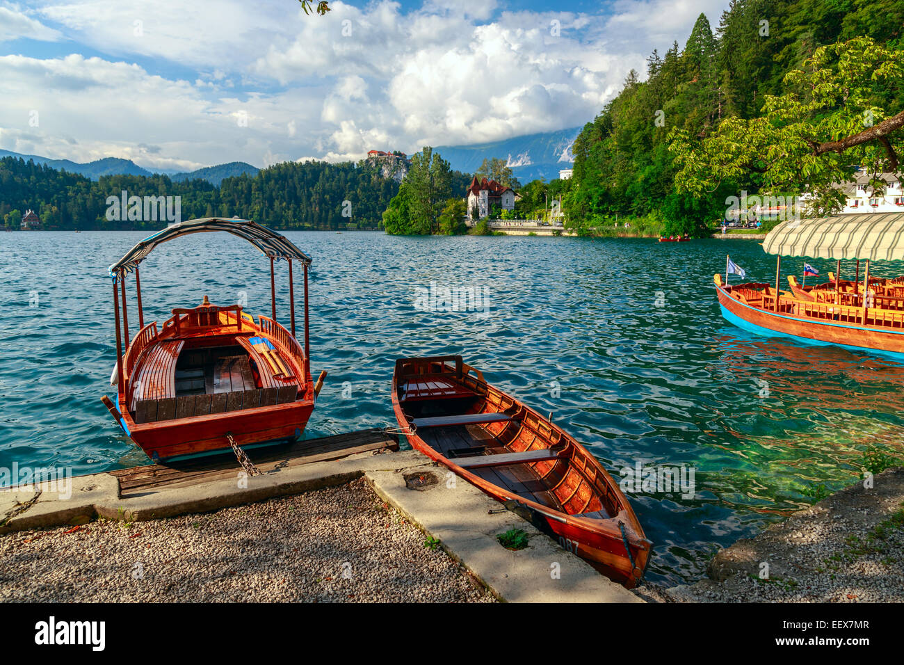 Traditional wooden boats Pletna on lake Bled, Slovenia-Europe Stock ...
