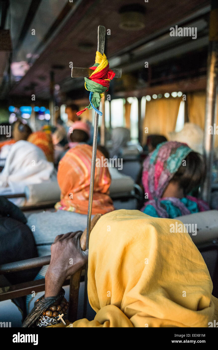 interior of the bus with pilgrim near Debark, Ethiopia, Africa Stock ...