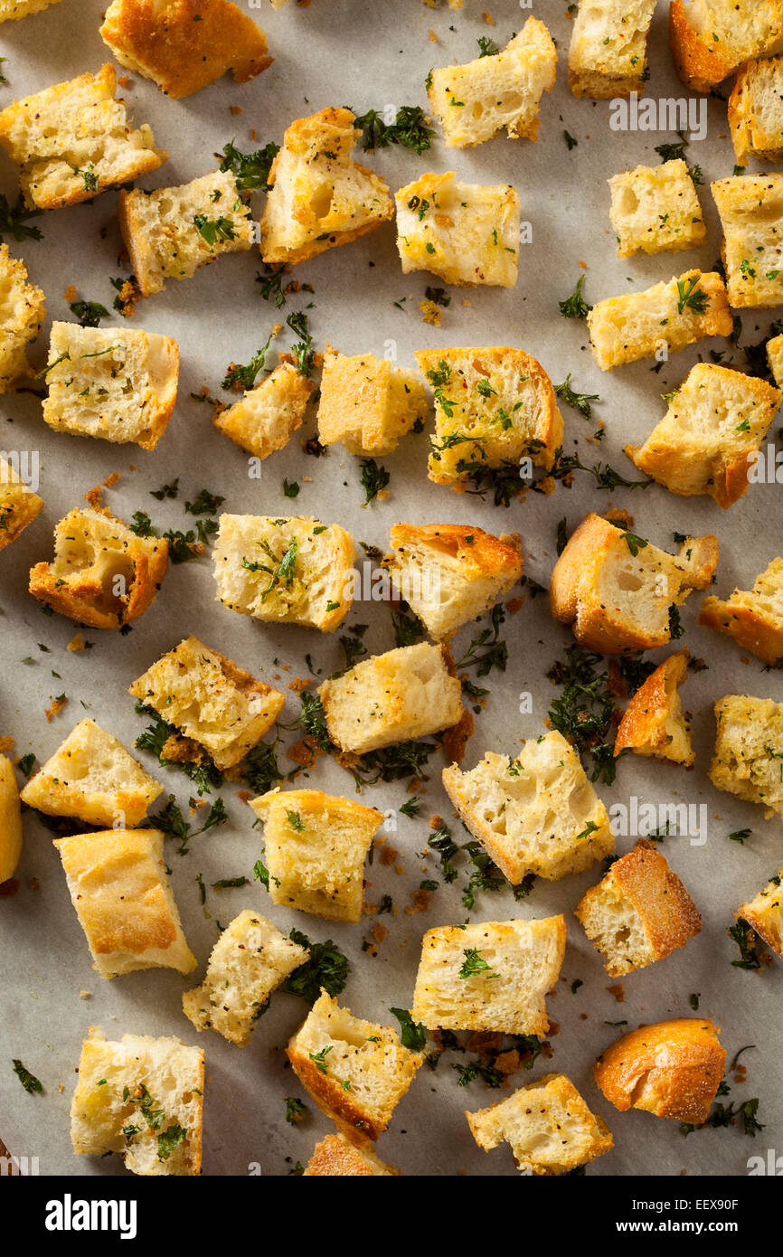 Fresh Homemade French Croutons with Seasoning and Parsley Stock Photo ...