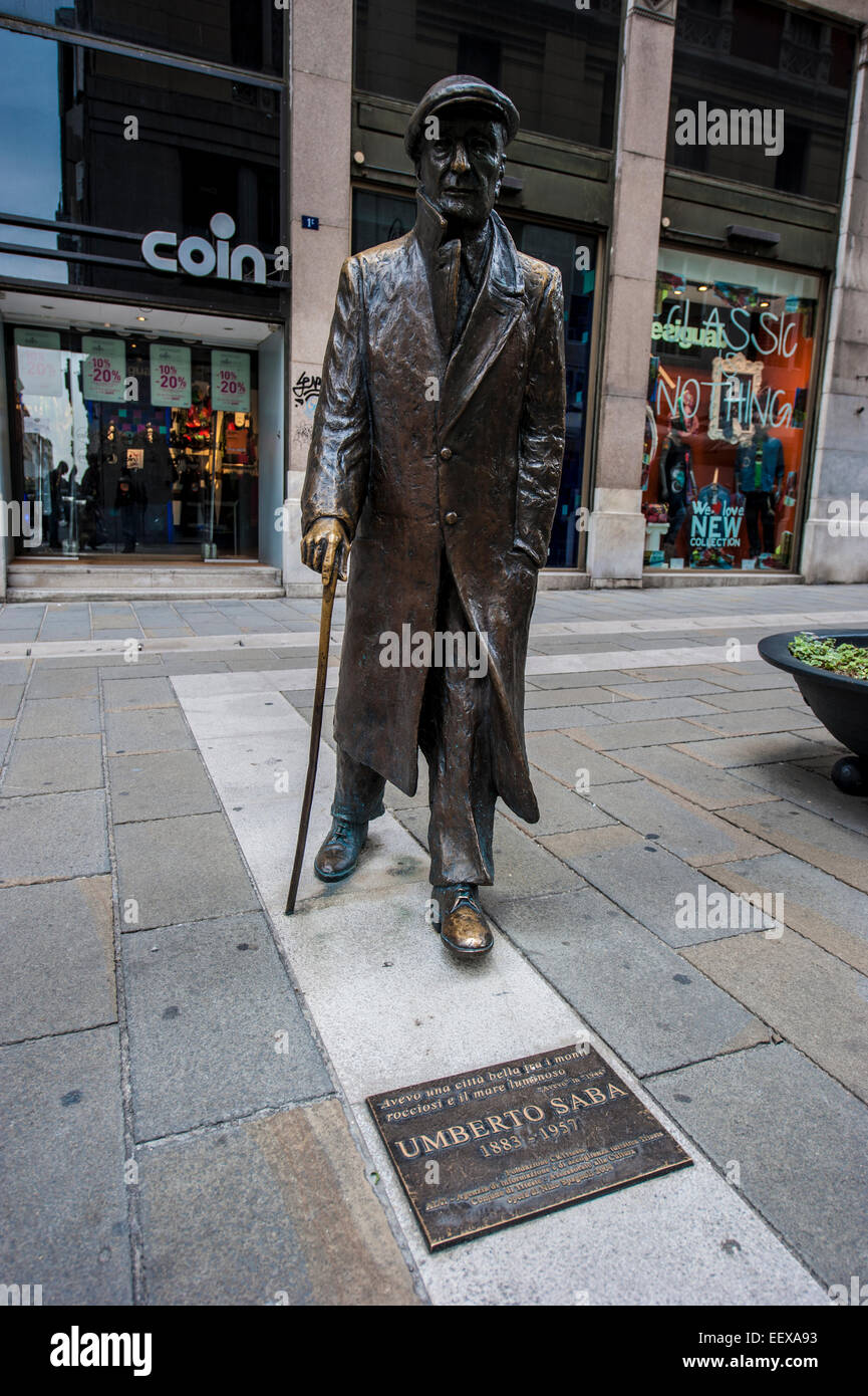 A bronze statue of Umberto Saba, an Italian poet and novelist, in ...