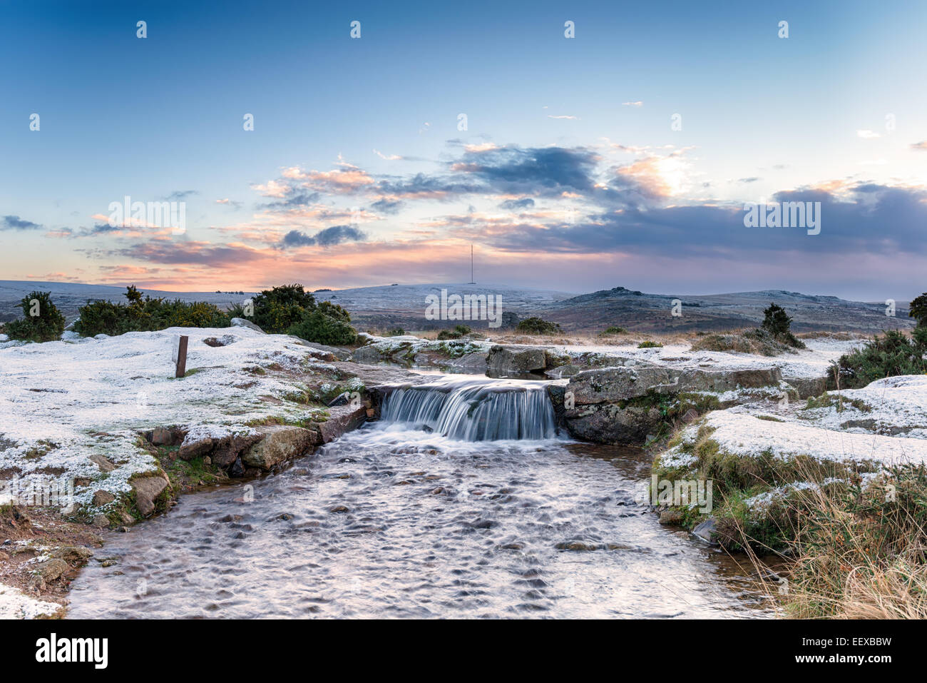 A snowy waterfall on Dartmoor National Park in Devon at Windy Post near ...