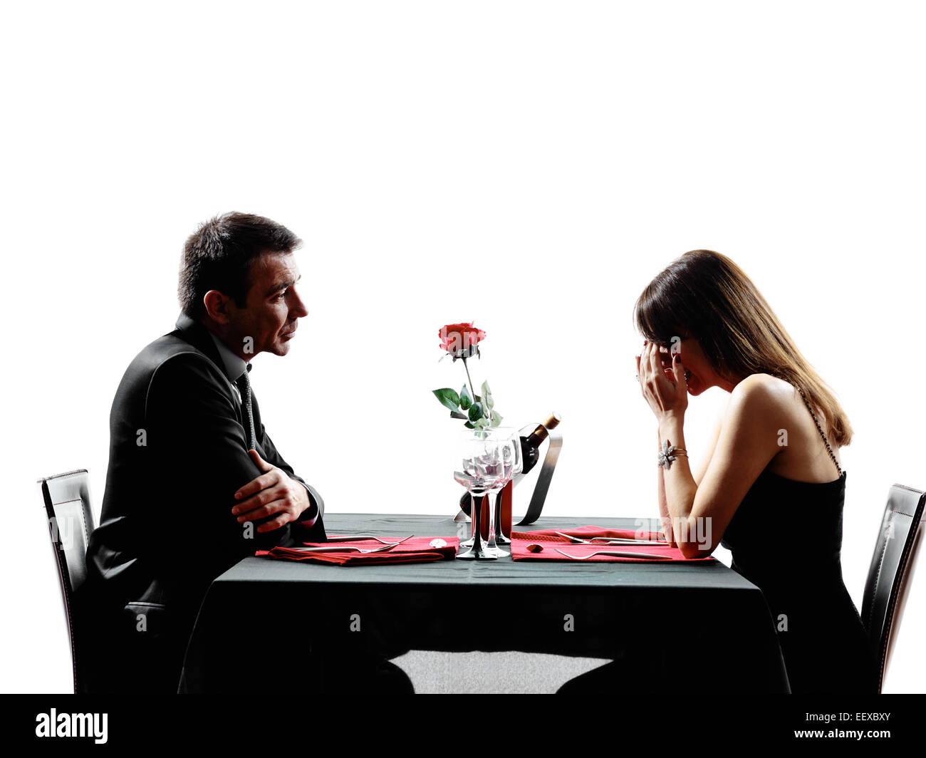 couples lovers dinning dispute separation in silhouettes on white ...