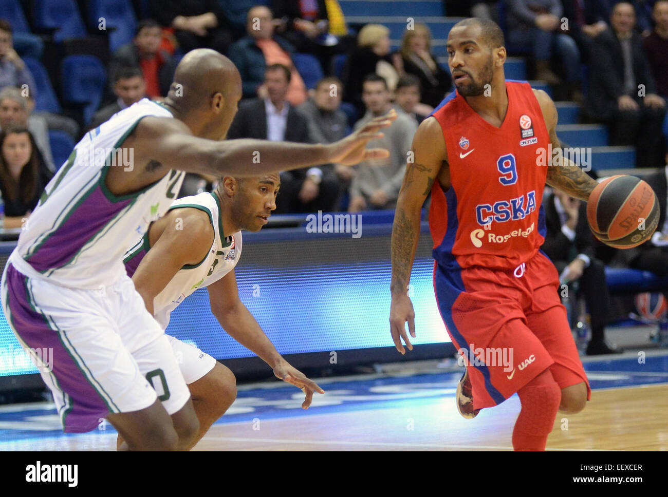 Moscow, Russia. 22nd Jan, 2015. Aaron Jackson (R) of Russia's CSKA ...